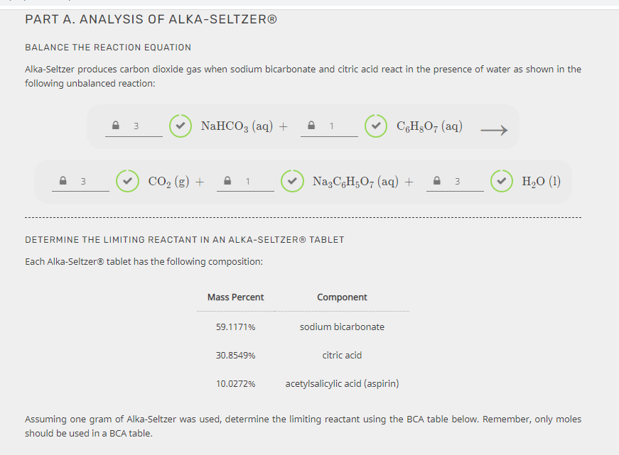 Solved PART A. ANALYSIS OF ALKA-SELTZER® BALANCE THE | Chegg.com