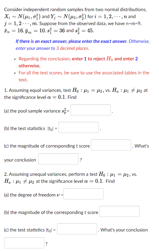 Solved Consider independent random samples from two normal | Chegg.com