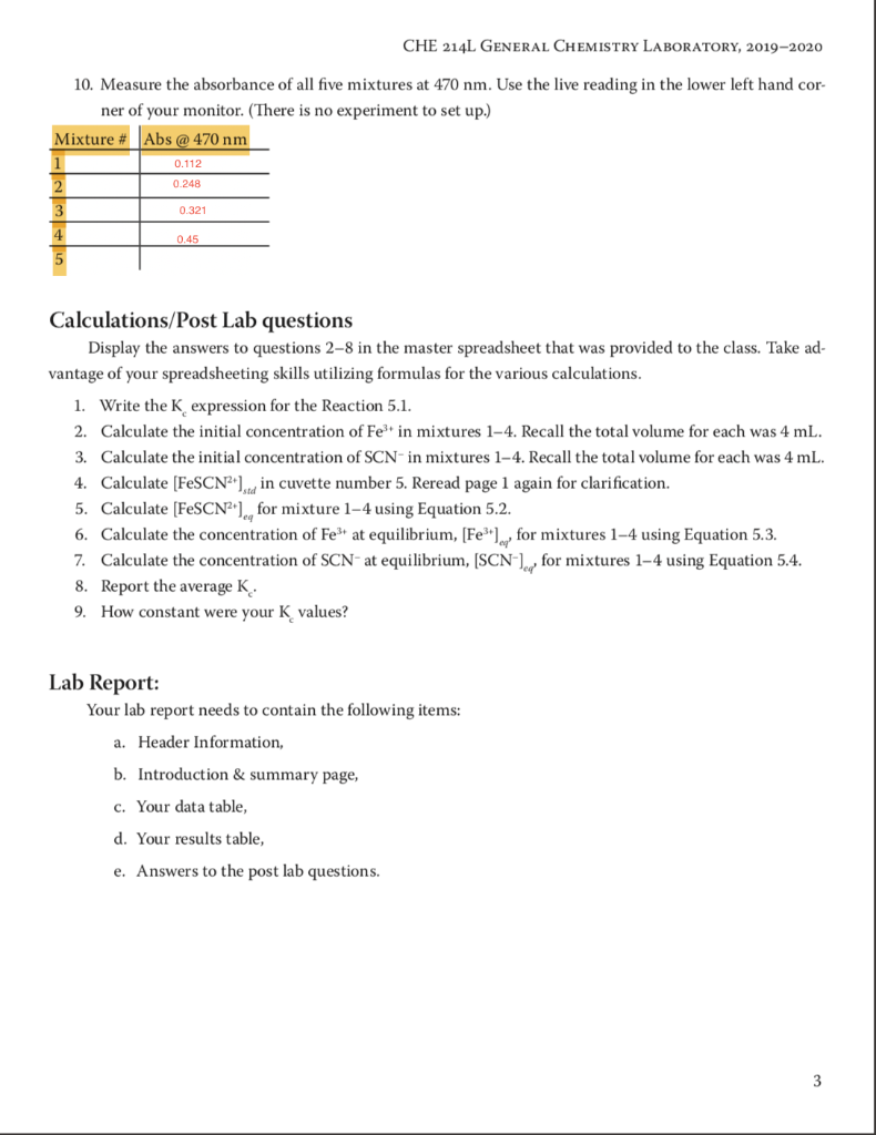 CHE 214L GENERAL CHEMISTRY LABORATORY, 2019-2020 5. | Chegg.com