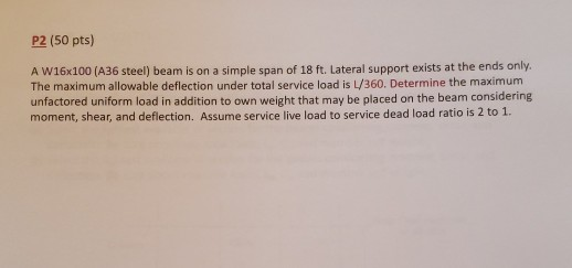 Solved P2 (50 pts) A W16x100 (A36 steel) beam is on a simple | Chegg.com