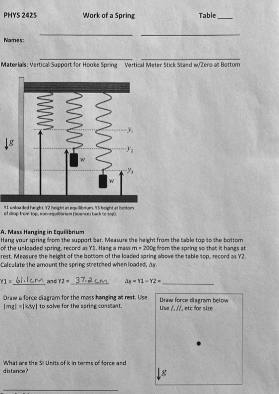 Solved PHYS 1401 Work of a Spring 20-10-13 Materials: | Chegg.com