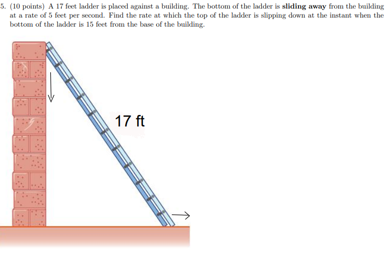 Solved 5. (10 points) A 17 feet ladder is placed against a | Chegg.com