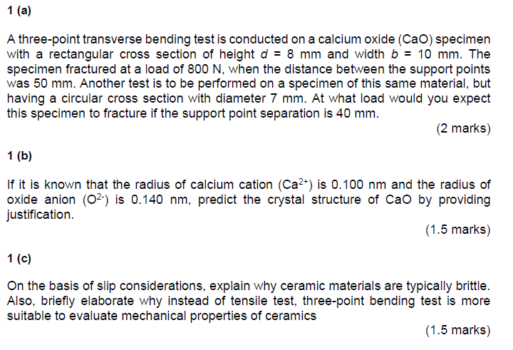Solved 1 (a) A three-point transverse bending test is | Chegg.com