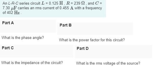 Solved An L−R−C series circuit L=0.125H,R=239Ω, and C= | Chegg.com