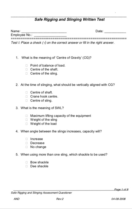 Solved Safe Rigging and Slinging Written Test Name Employee | Chegg.com