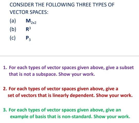 Solved CONSIDER THE FOLLOWING THREE TYPES OF VECTOR SPACES: | Chegg.com