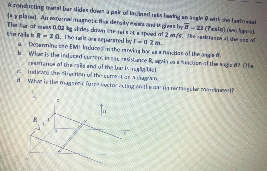 Solved A conducting metal bar slides down a pair of inclined | Chegg.com