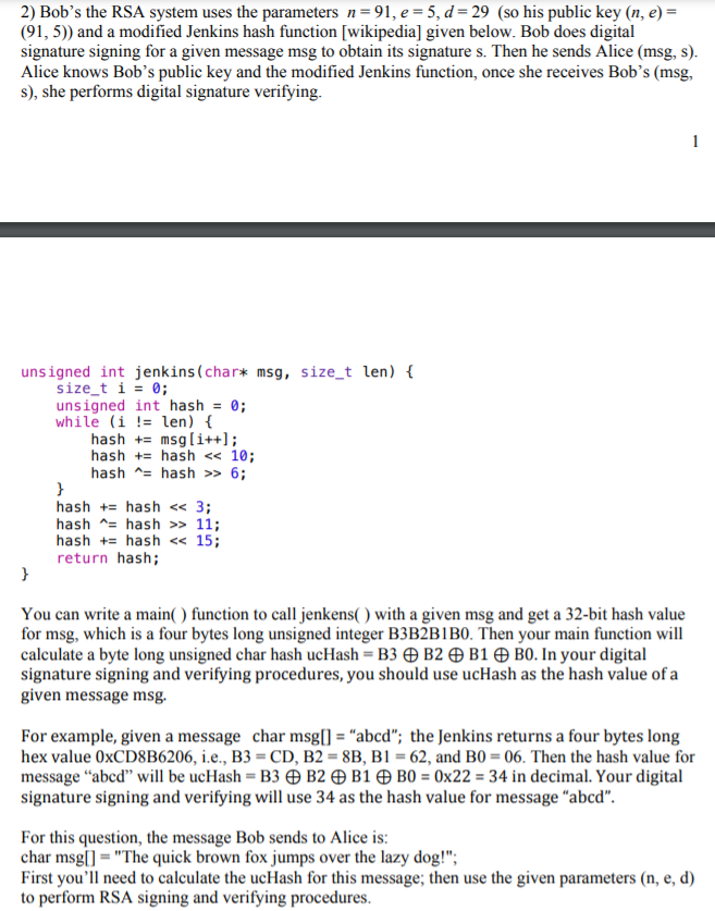 2) Bob's the RSA system uses the parameters n=91, e = | Chegg.com