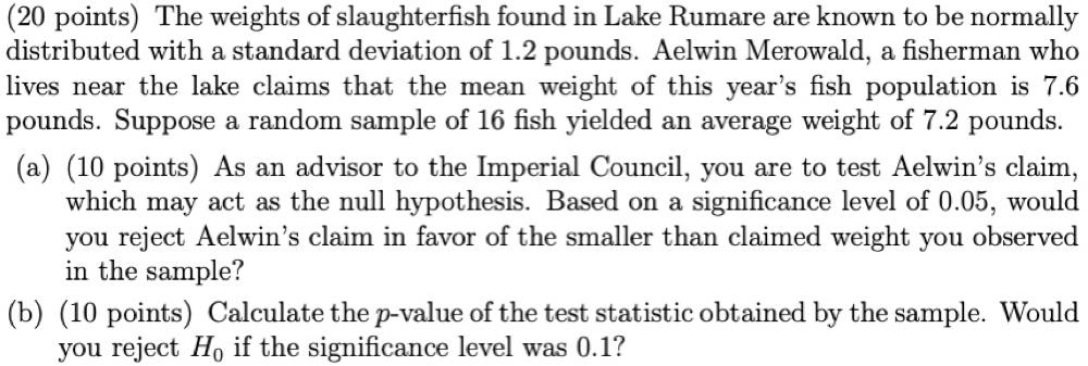 Solved (20 points) The weights of slaughterfish found in | Chegg.com