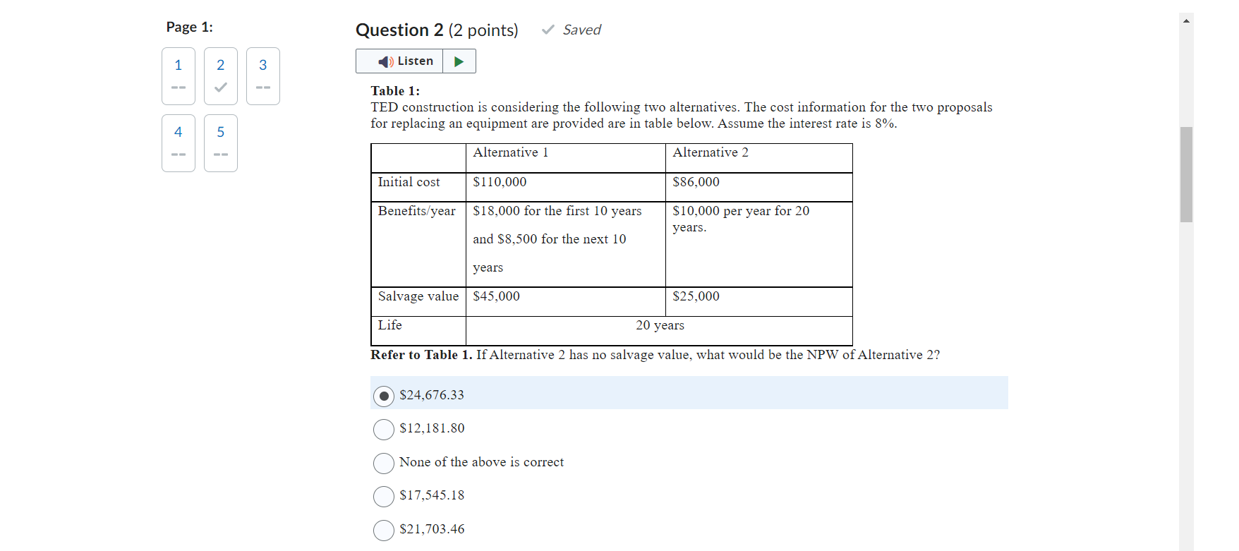 Solved Page 1: Question 2 (2 points) Saved 1 2 3 Table 1: | Chegg.com