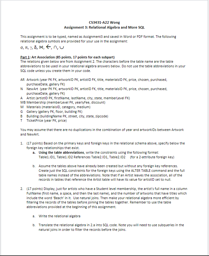 Solved CS3431-A22 Wong Assignment 3: Relational Algebra and | Chegg.com