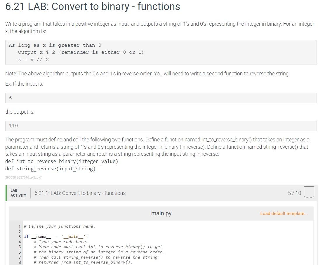 Solved 6.21 LAB: Convert to binary - functions Write a | Chegg.com