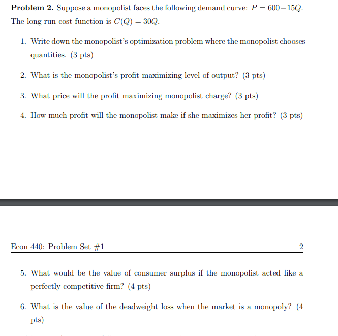 Solved Problem 2. ﻿Suppose a monopolist faces the following | Chegg.com