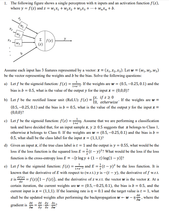 Solved 1. The following figure shows a single perceptron | Chegg.com