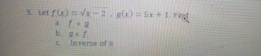 Solved 3. Let f(x)=x−2,g(x)=5x+1. Find a. f∘g b. g∘f C | Chegg.com