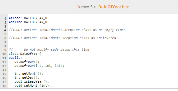 Solved DateOfYear.h Declare two exception classes: - | Chegg.com