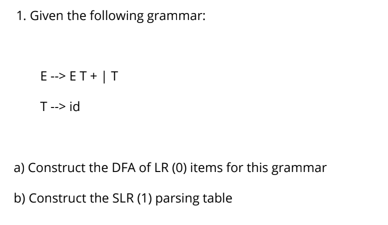 1. Given the following grammar: E−>ET+∣TT−> id a) | Chegg.com