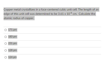 Solved Copper metal crystallizes in a face-centered cubic | Chegg.com
