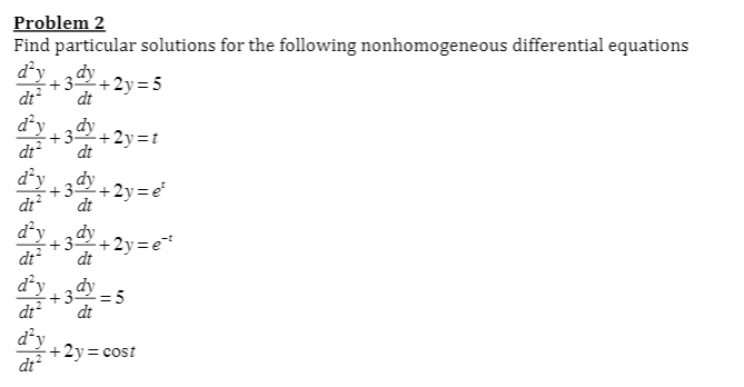 Solved Problem 2 Find particular solutions for the following | Chegg.com