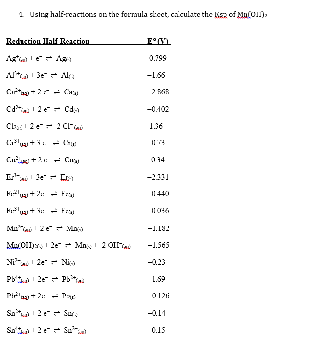 Solved 4. Using half-reactions on the formula sheet, | Chegg.com