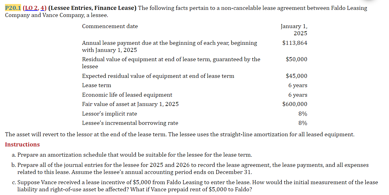 Solved P20.1 ( LO2 2 4 ) (Lessee Entries, Finance Lease) The | Chegg.com