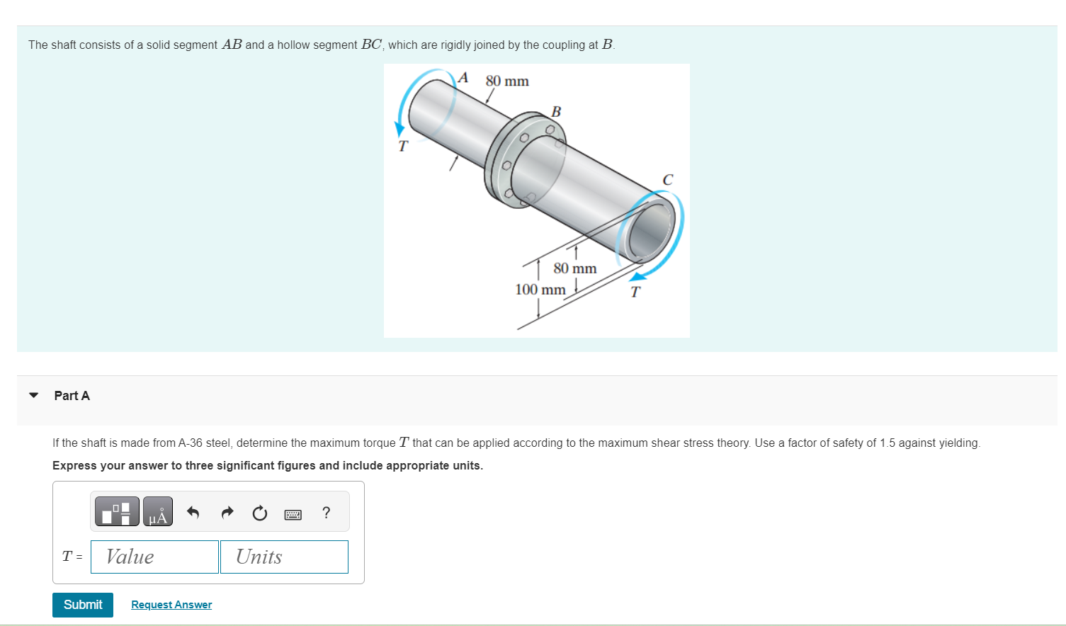 Solved The shaft consists of a solid segment AB and a hollow | Chegg.com