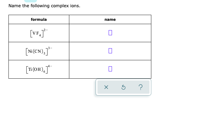 Solved Name the following complex ions. formula name [VF.]?" | Chegg.com