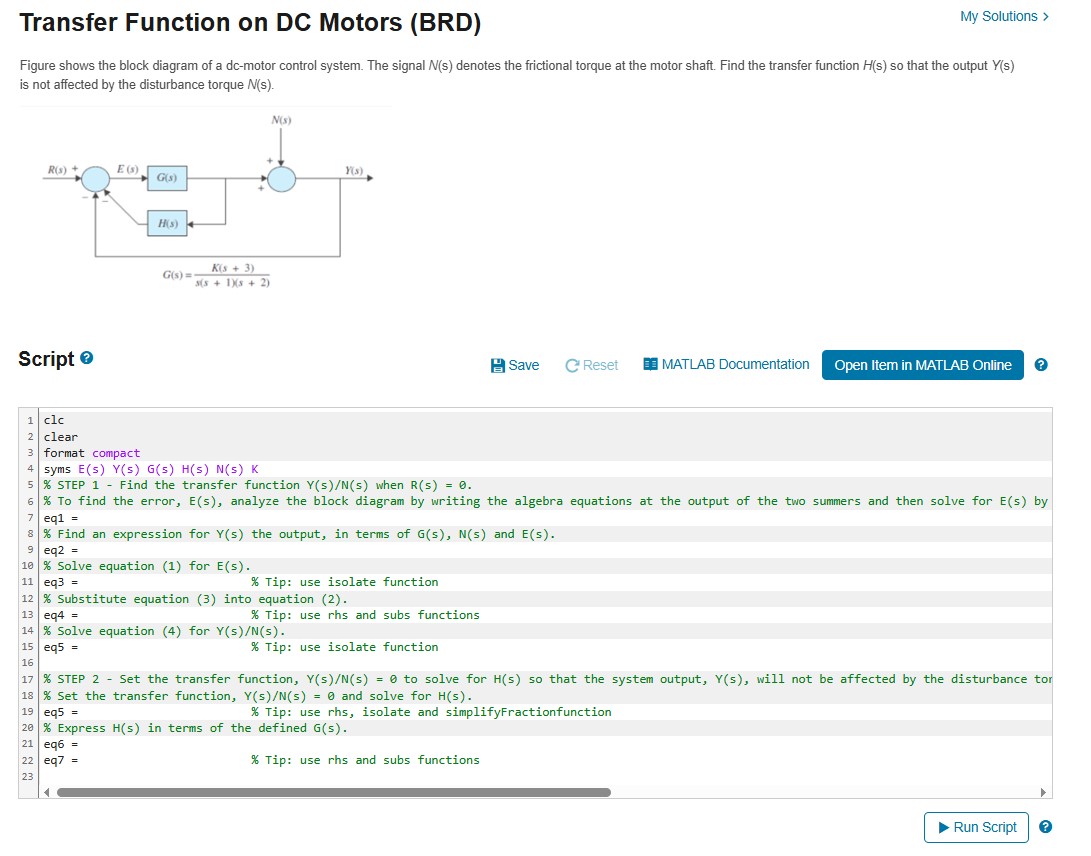 MATLAB CODE Transfer Function on DC Motors (BRD) | Chegg.com