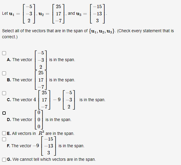 Solved Let u1=⎣⎡−5−32⎦⎤,u2=⎣⎡2517−7⎦⎤, and u3=⎣⎡−15−133⎦⎤ | Chegg.com