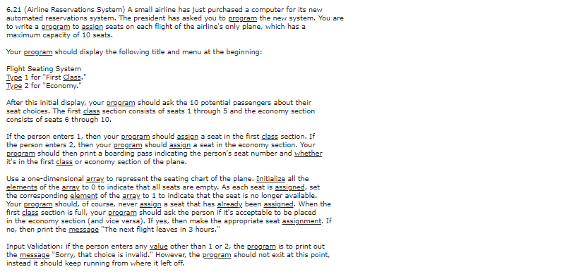 Solved 6.21 (Airline Reservations System) A small airline | Chegg.com