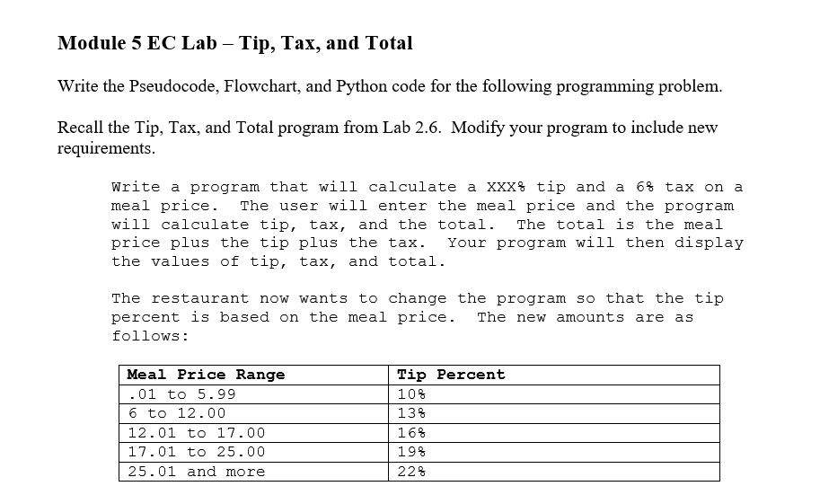 Solved odule 5 EC Lab - Tip, Tax, and Total rite the | Chegg.com