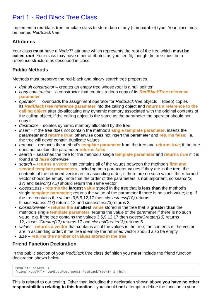 Part 1 - Red Black Tree Class Implement a red-black | Chegg.com