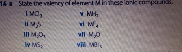 Solved 4 a State the valency of element M in these ionic | Chegg.com