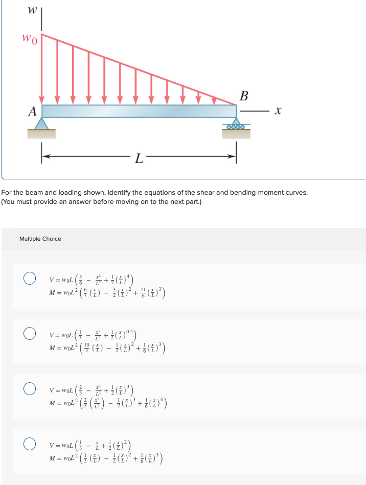 Solved w WO B A L For the beam and loading shown, identify | Chegg.com