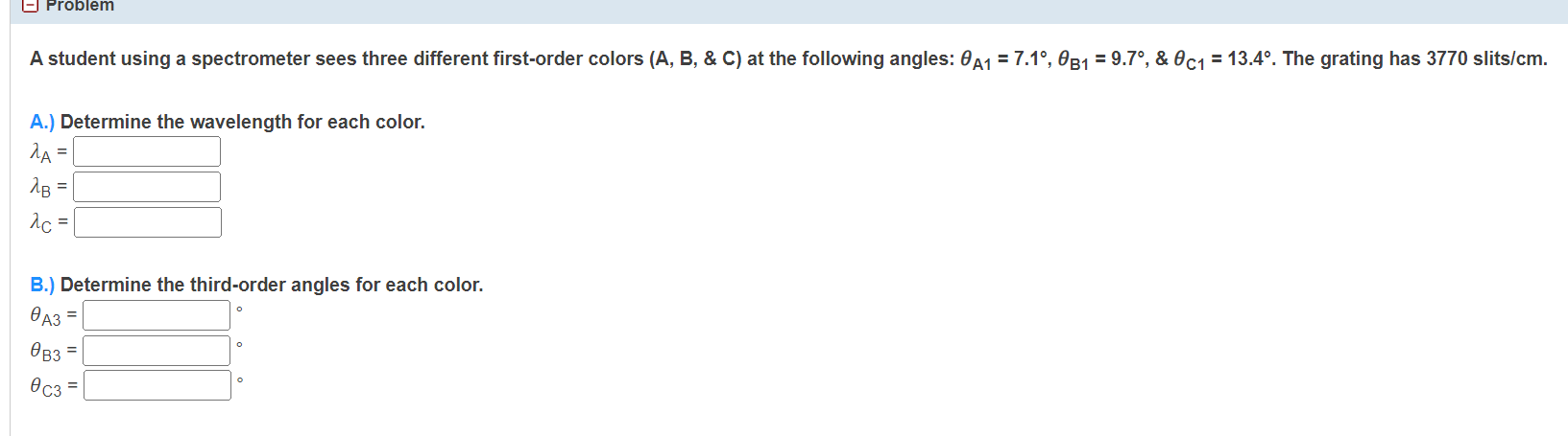 Solved A student using a spectrometer sees three different | Chegg.com