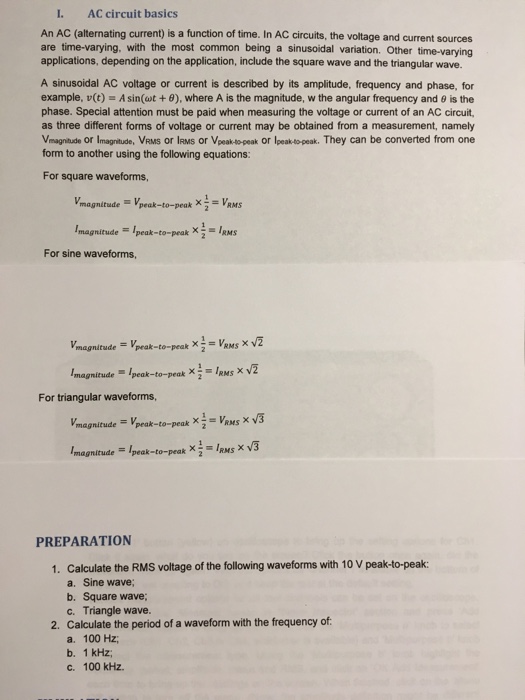 Solved I AC circuit basics An AC (alternating current) is a | Chegg.com