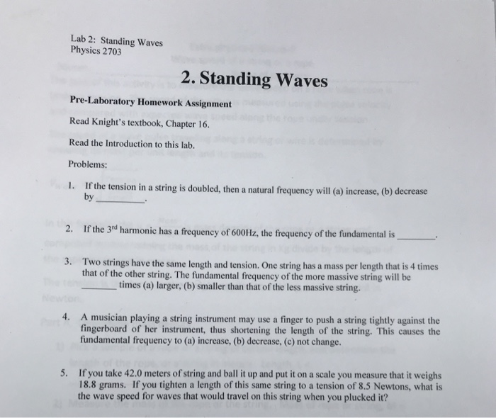 Solved Lab 2: Standing Waves Physics 2703 2. Standing Waves | Chegg.com