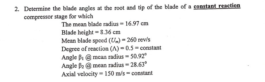 Solved 2. Determine the blade angles at the root and tip of | Chegg.com