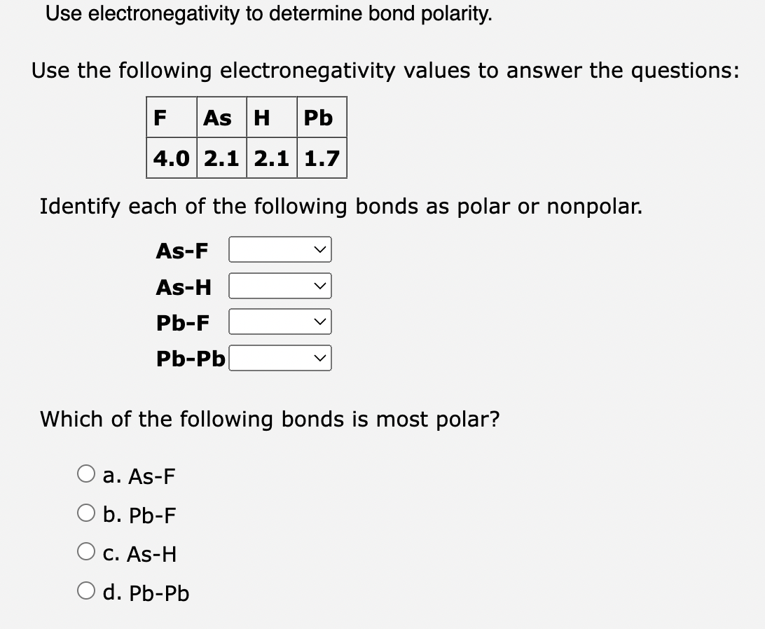 Solved Use the following electronegativity values to answer | Chegg.com