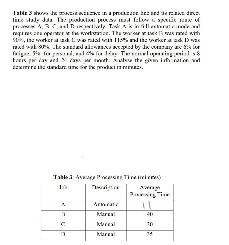 Solved Table 3 shows the process sequence in a production | Chegg.com