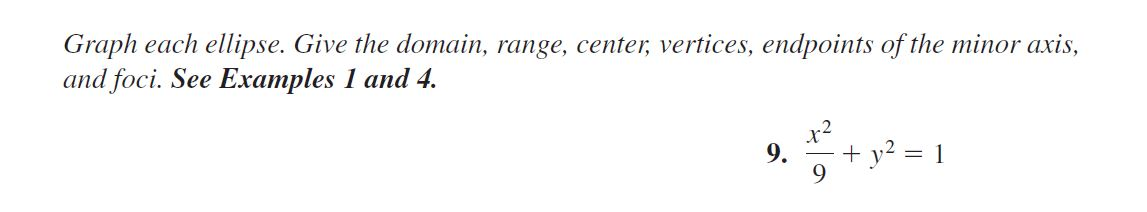 Solved Graph each ellipse. Give the domain, range, center, | Chegg.com