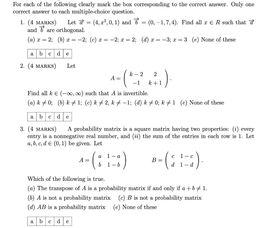 Solved For each of the following clearly mark the box | Chegg.com