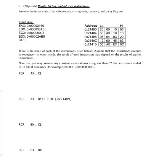 Solved 2. (20 points) Rotate, bit test, and bit scan | Chegg.com