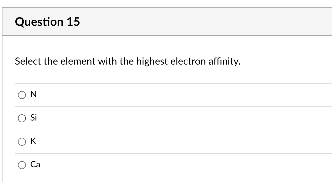 Solved Question 15 Select the element with the highest | Chegg.com