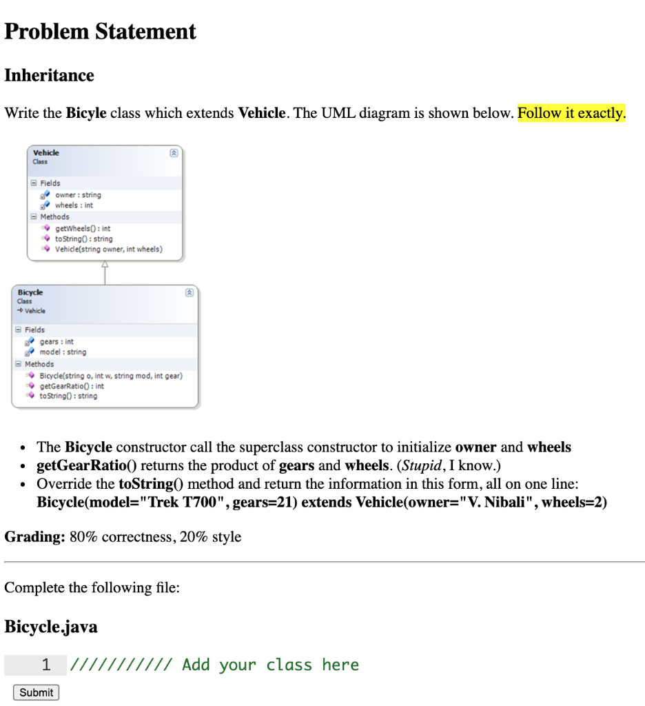 Solved Problem Statement Inheritance Write the Bicyle class | Chegg.com