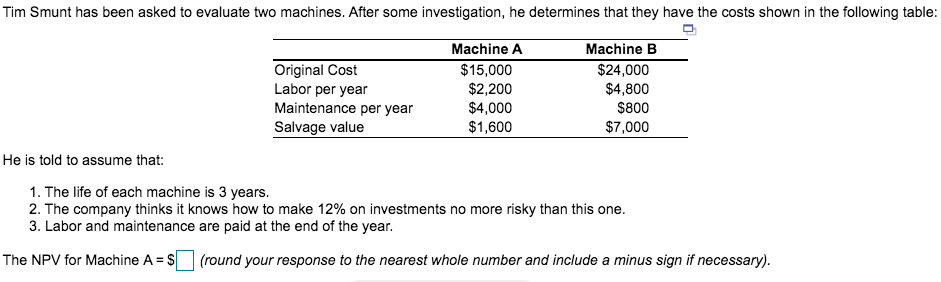 Solved Tim Smunt has been asked to evaluate two machines. | Chegg.com