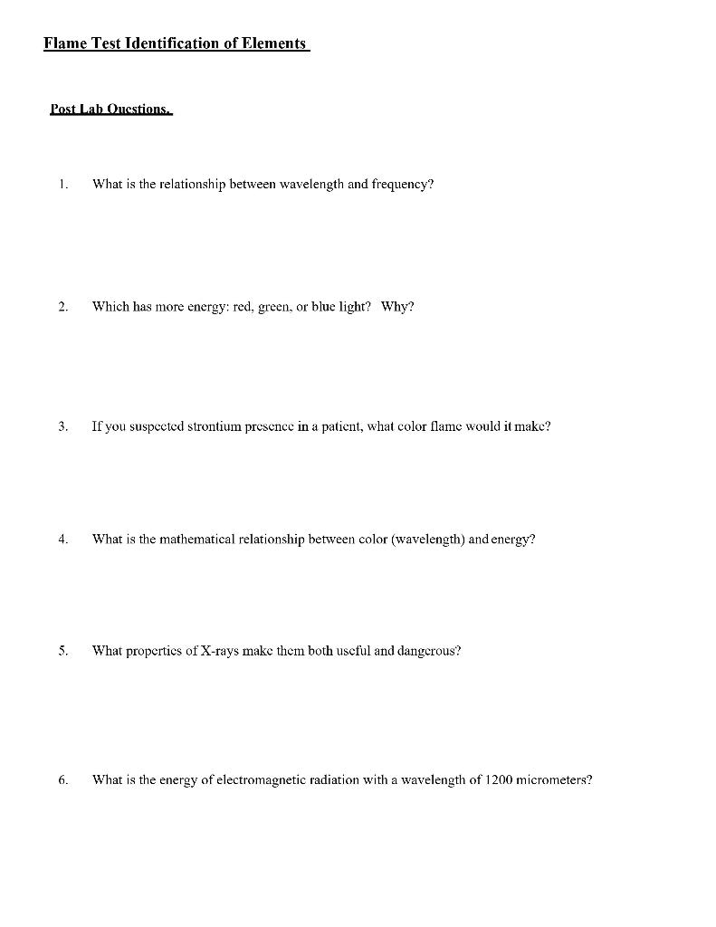 Solved Flame Test Identification of Elements Post Lab | Chegg.com