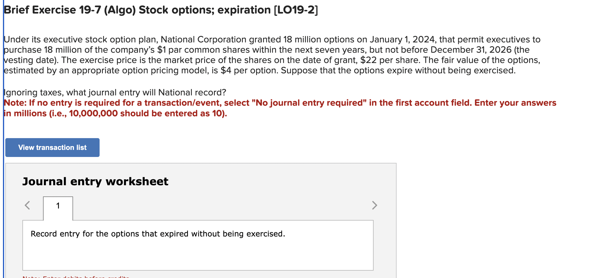 Solved Brief Exercise 19-7 (Algo) Stock options; expiration | Chegg.com