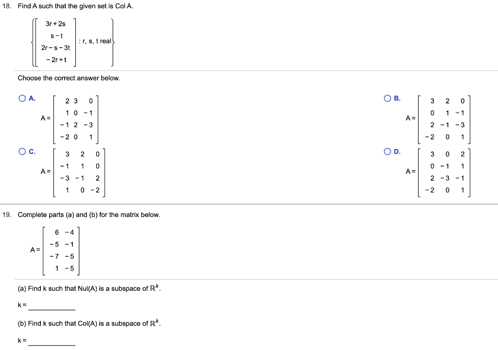 Solved 18. Find A such that the given set is Col A. 3r+2s | Chegg.com