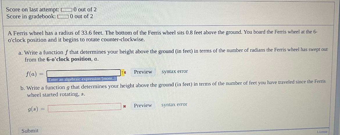 Solved Ferris wheel has a radius of 33.6 feet. The bottom of | Chegg.com